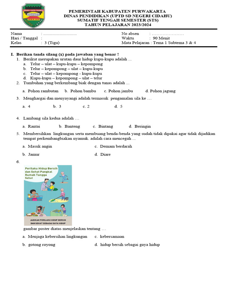 Soal PTS Kelas 3 Tema 1 Sub 3&4 | PDF