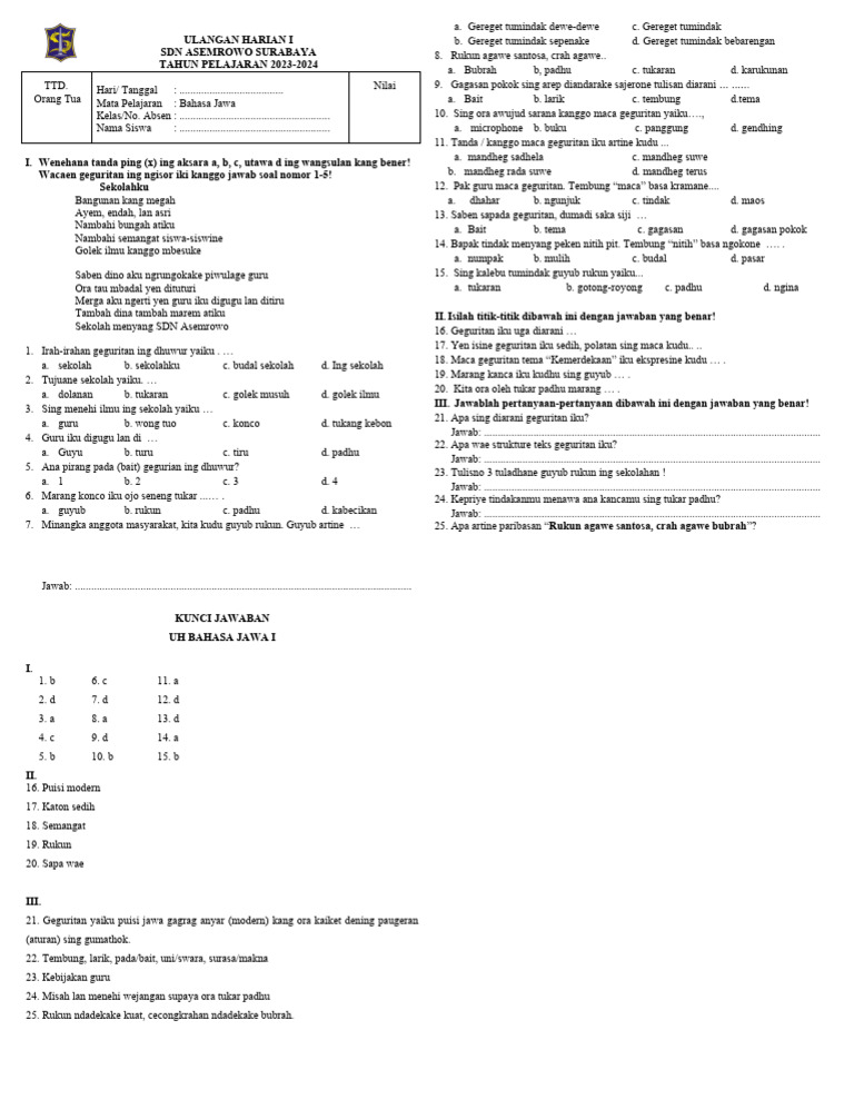 Soal UH B. JAWA 1 | PDF