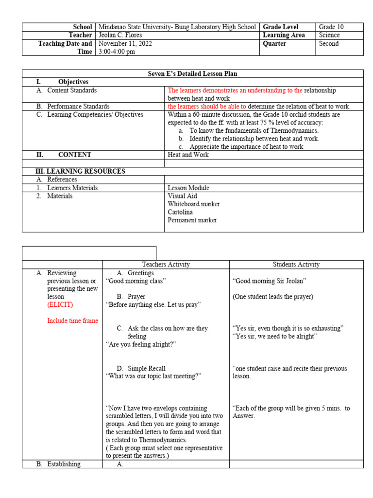 7e's Lesson Plan Final Demo Checked | PDF | Heat | Steam