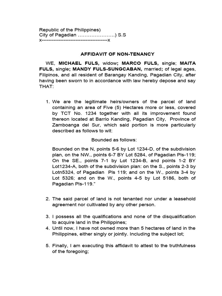 Affidavit of Non-Tenancy With Extra-Judicial Partition Among Heirs ...