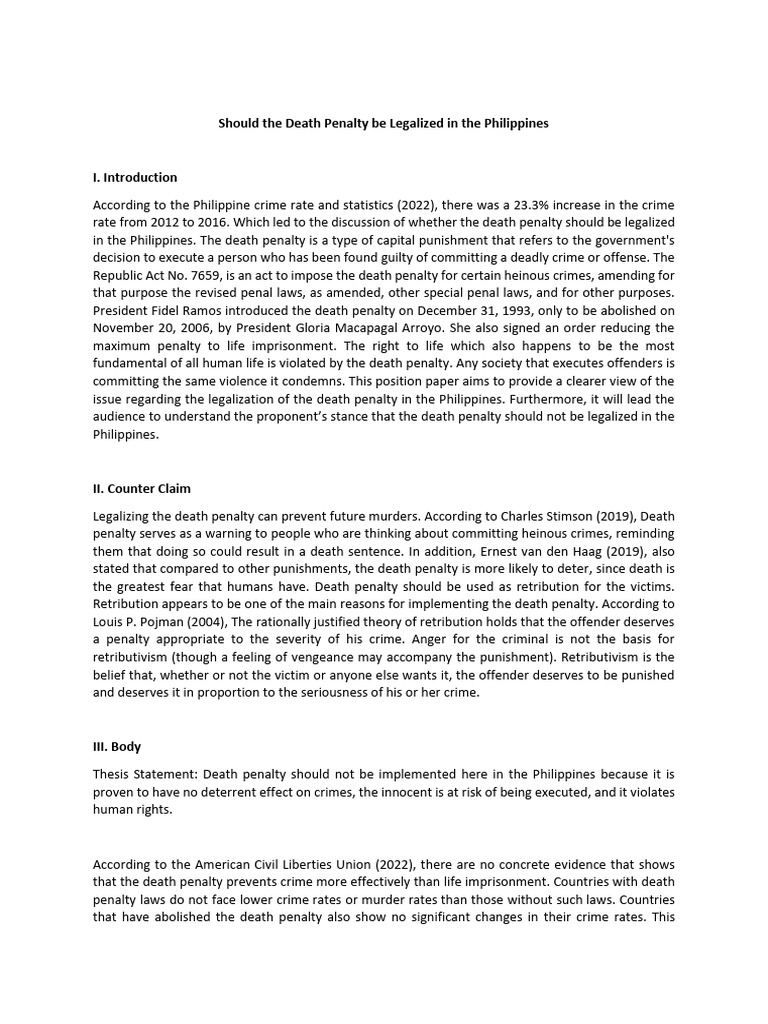 Position Paper - Death Penalty | PDF | Capital Punishment | Crime ...