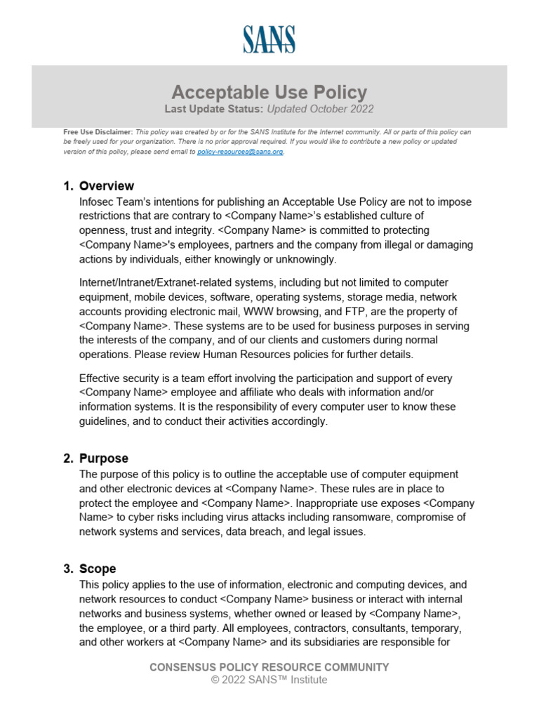 Acceptable Use Policy | PDF | Computer Network | Email Spam