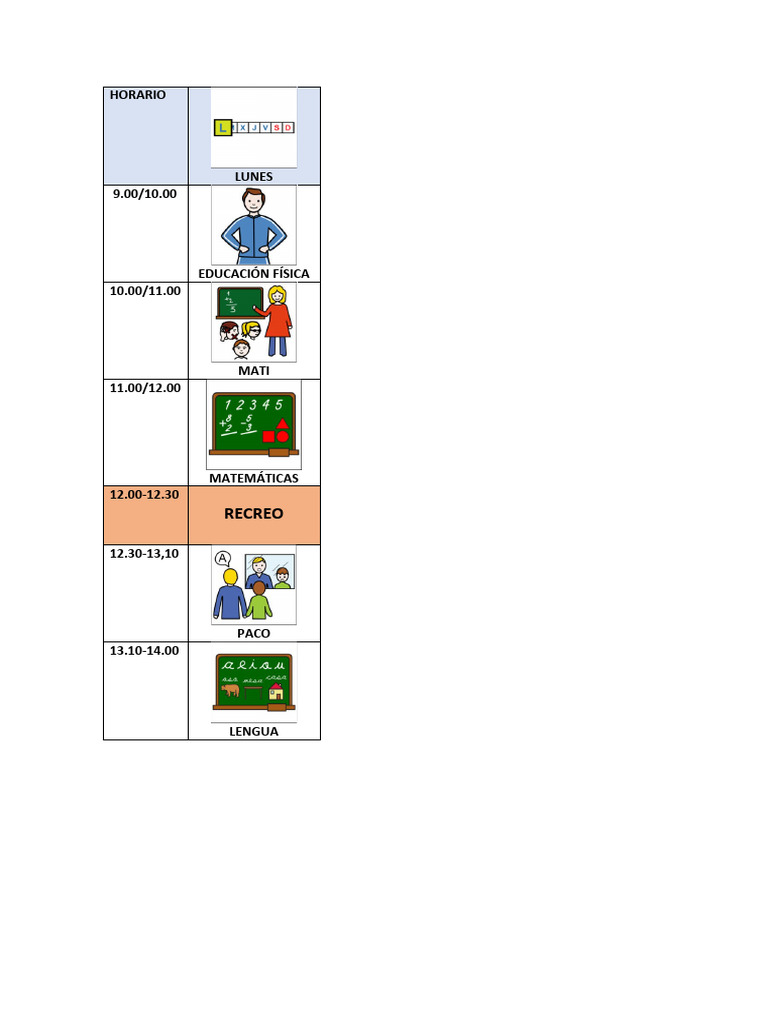 Horario Escolar con Pictogramas | PDF