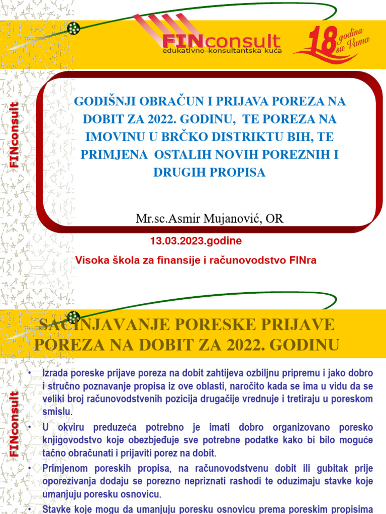 MR - Sc. Asmir Mujanovic - GODIŠNJI OBRAČUN I PRIJAVA POREZA NA DOBIT ...