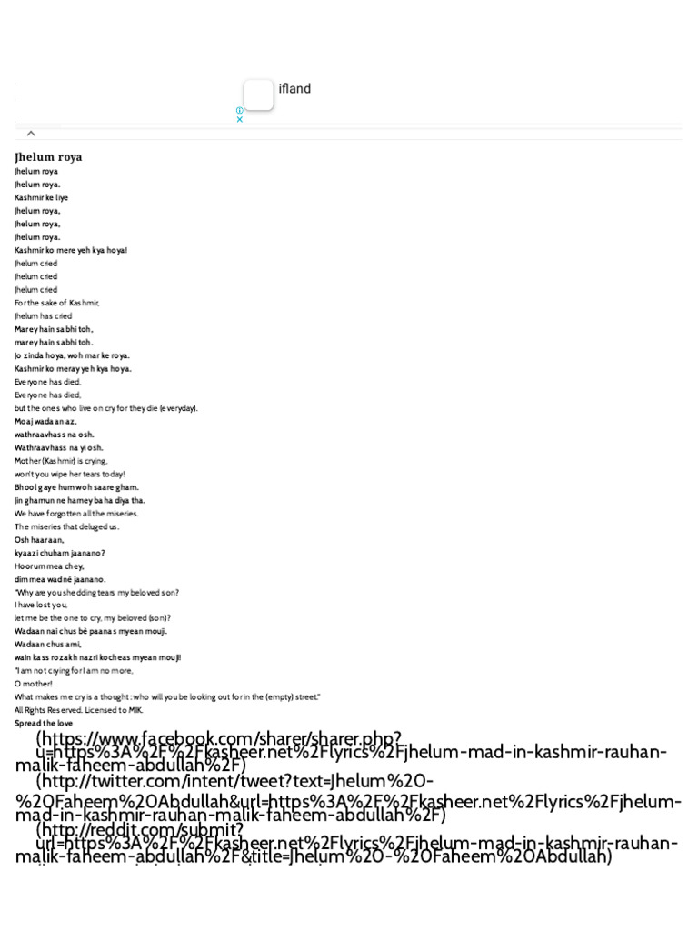 Jhelum Lyrics by Faheem Abdullah | PDF