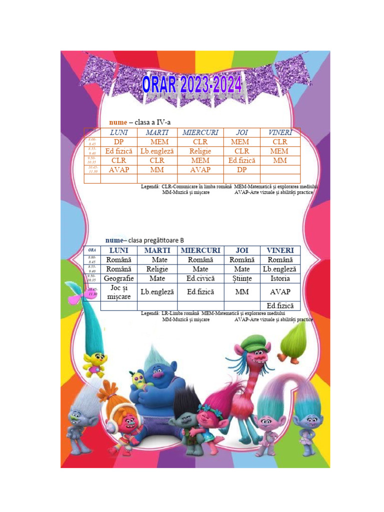 Orar Elevi Scoala Primara 2023-2024 | PDF
