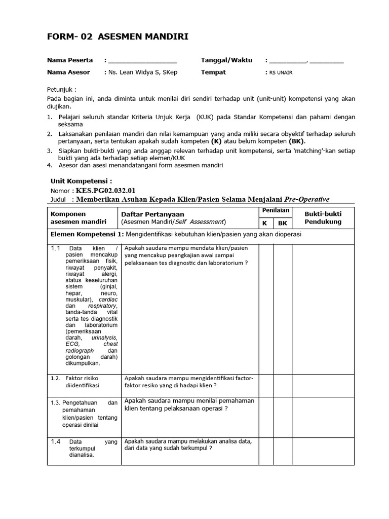 Asesmen Mandiri untuk Persiapan Operasi | PDF | Pengembangan Diri ...