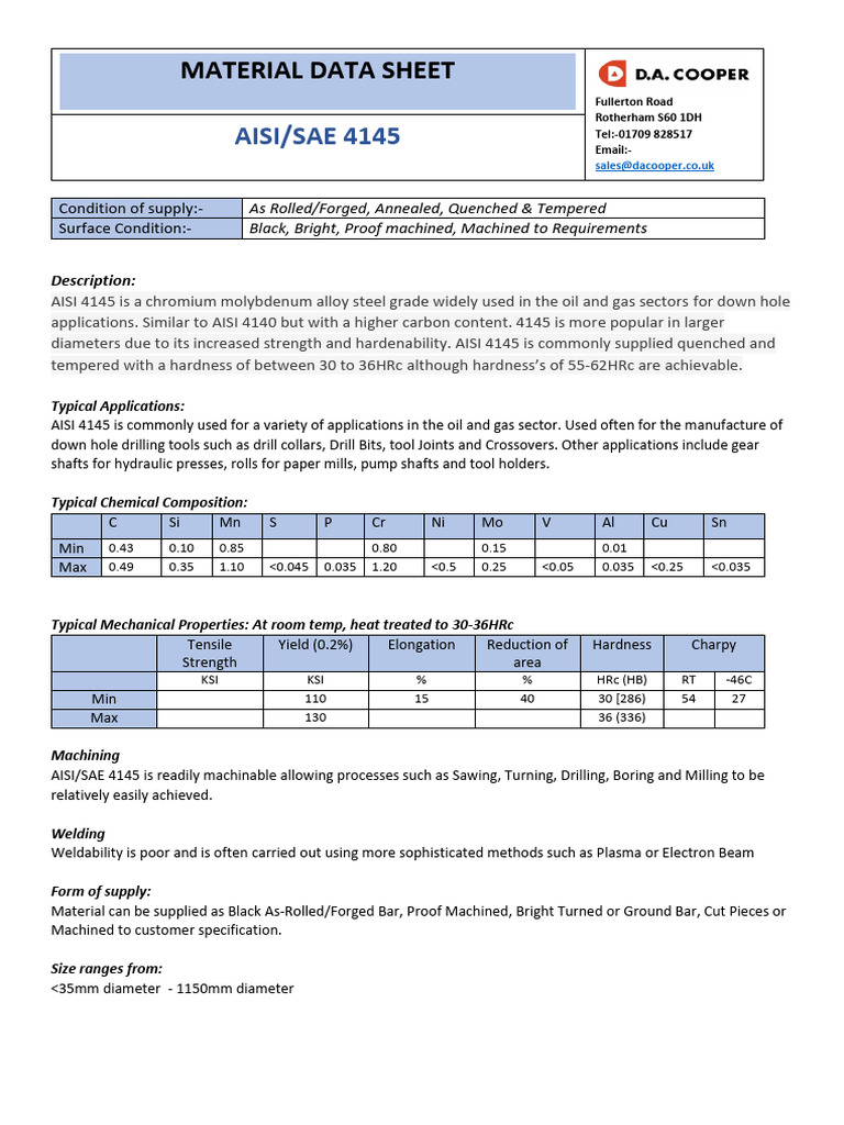 AISI SAE 4145 Product Datasheet D.a.cooper Sons (1) | PDF | Metals ...