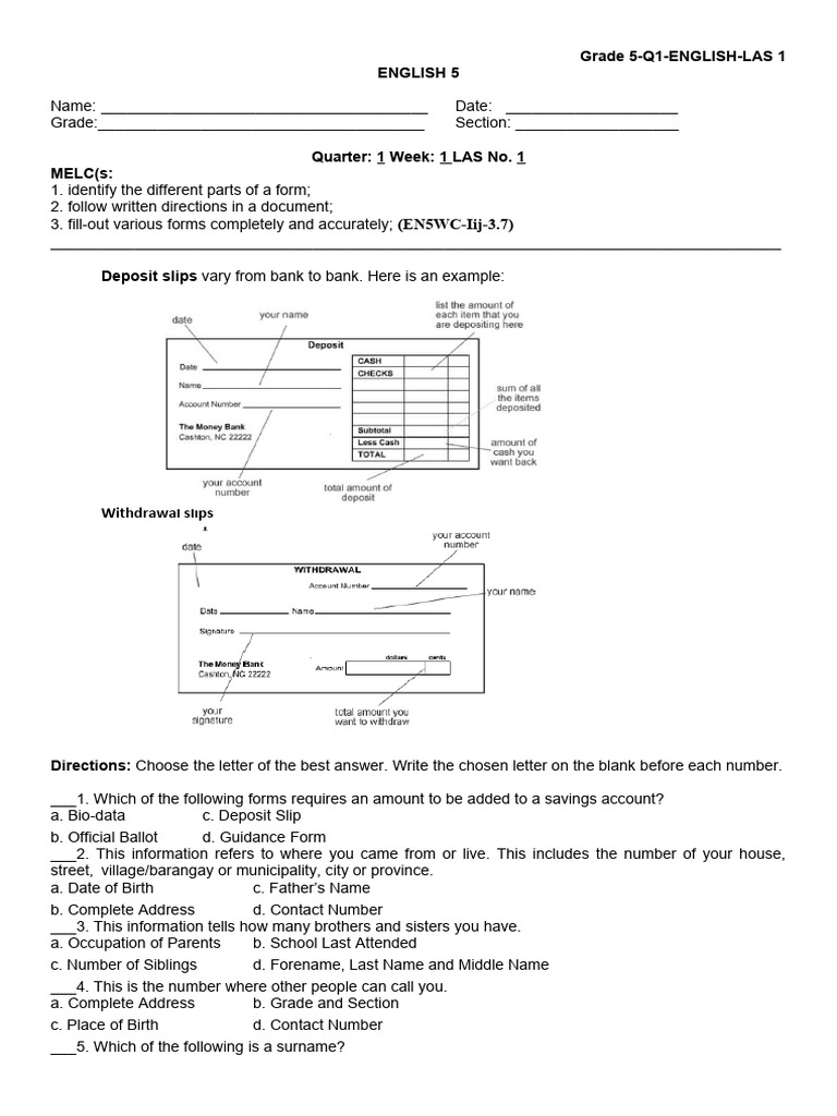 Grade 5 q1 English Las 1 | PDF | Banking