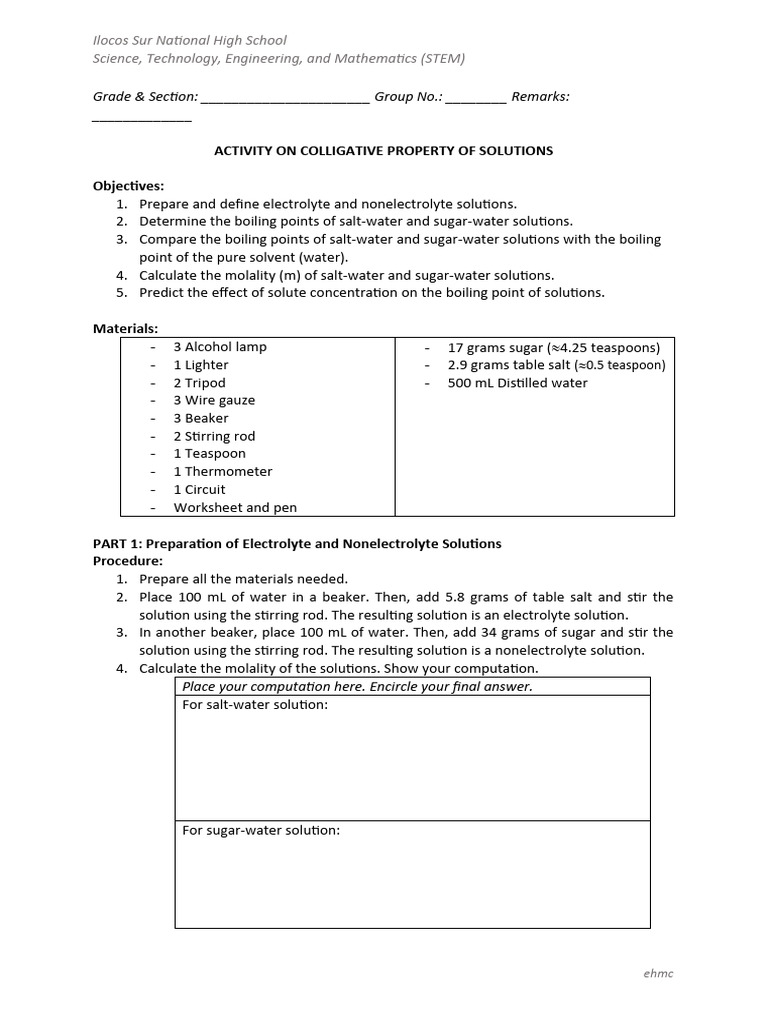 Colligative Properties of Solutions Activity | PDF | Chemistry ...