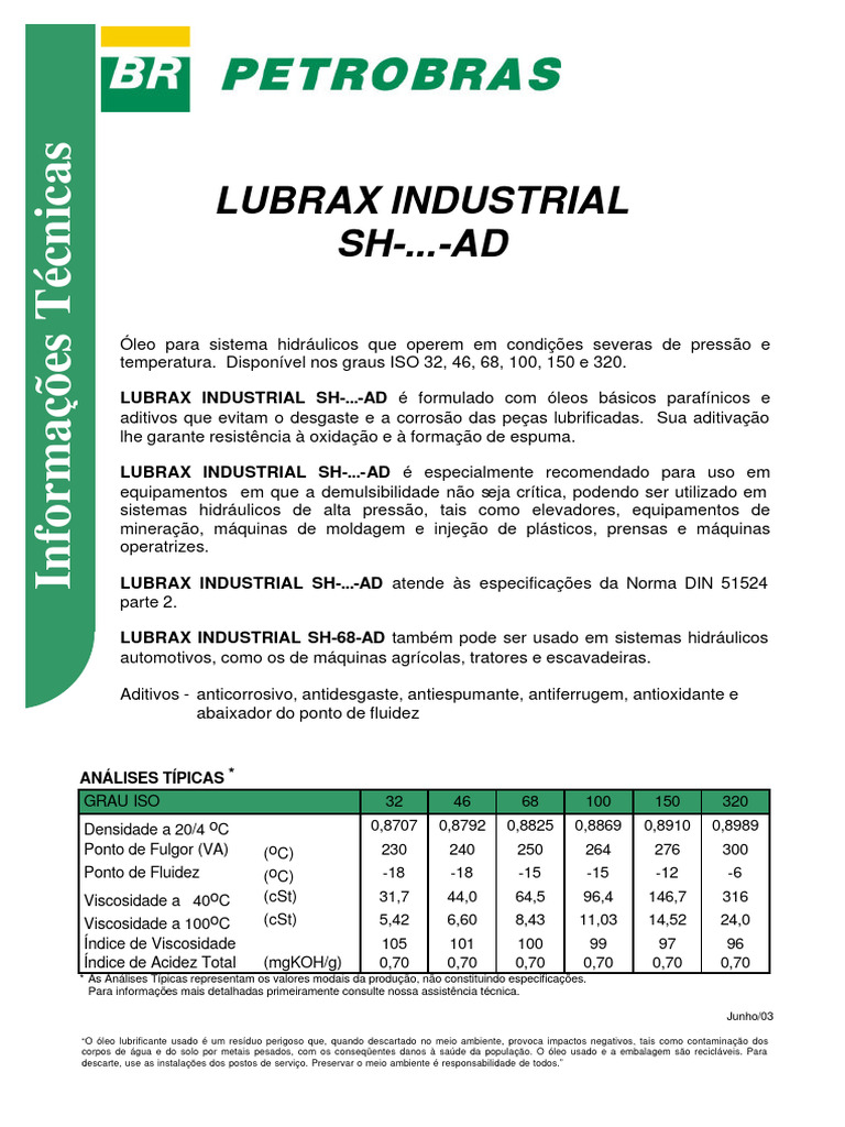 Óleo Lubrificante Lubrax SH-68: Ficha Técnica | PDF | Setor secundário ...