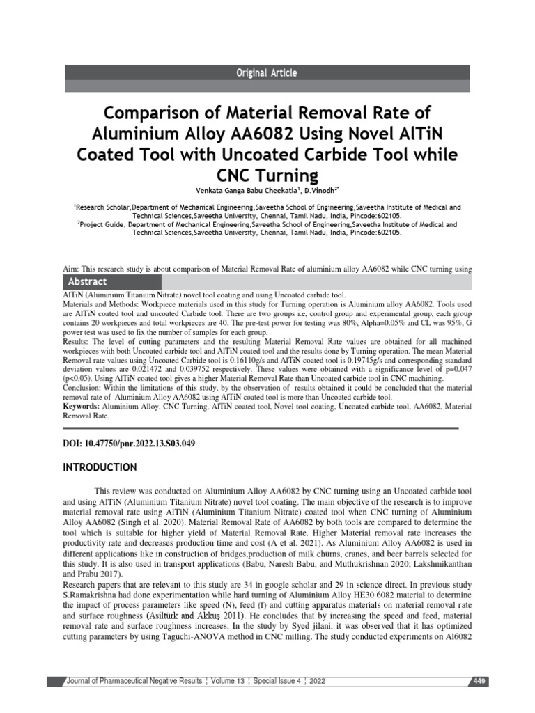 Comparison of Material Removal Rate of Aluminium Alloy AA6082 Using ...