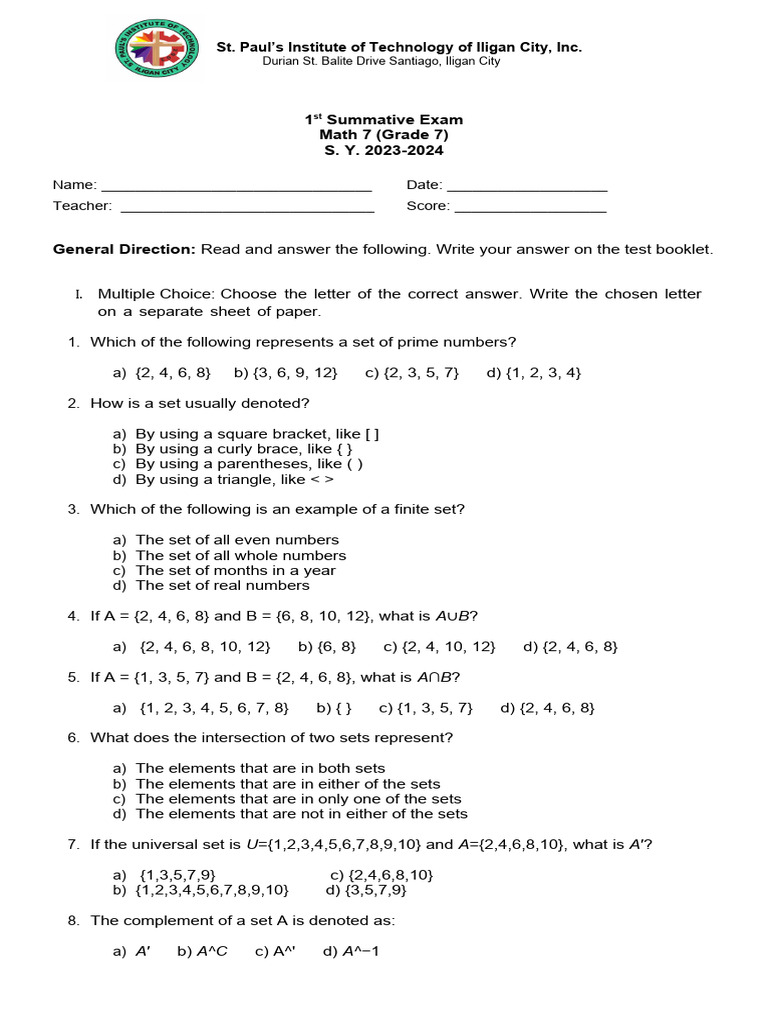 Math 7 Diagnostic Test | PDF | Bracket | Mathematical Logic