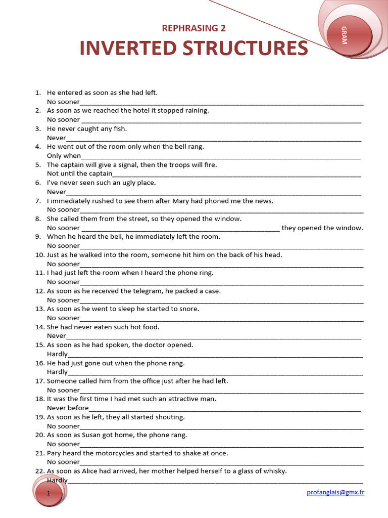 S7 Inversion Revision Rephrasing 2 Inverted Structures Grammar Drills ...