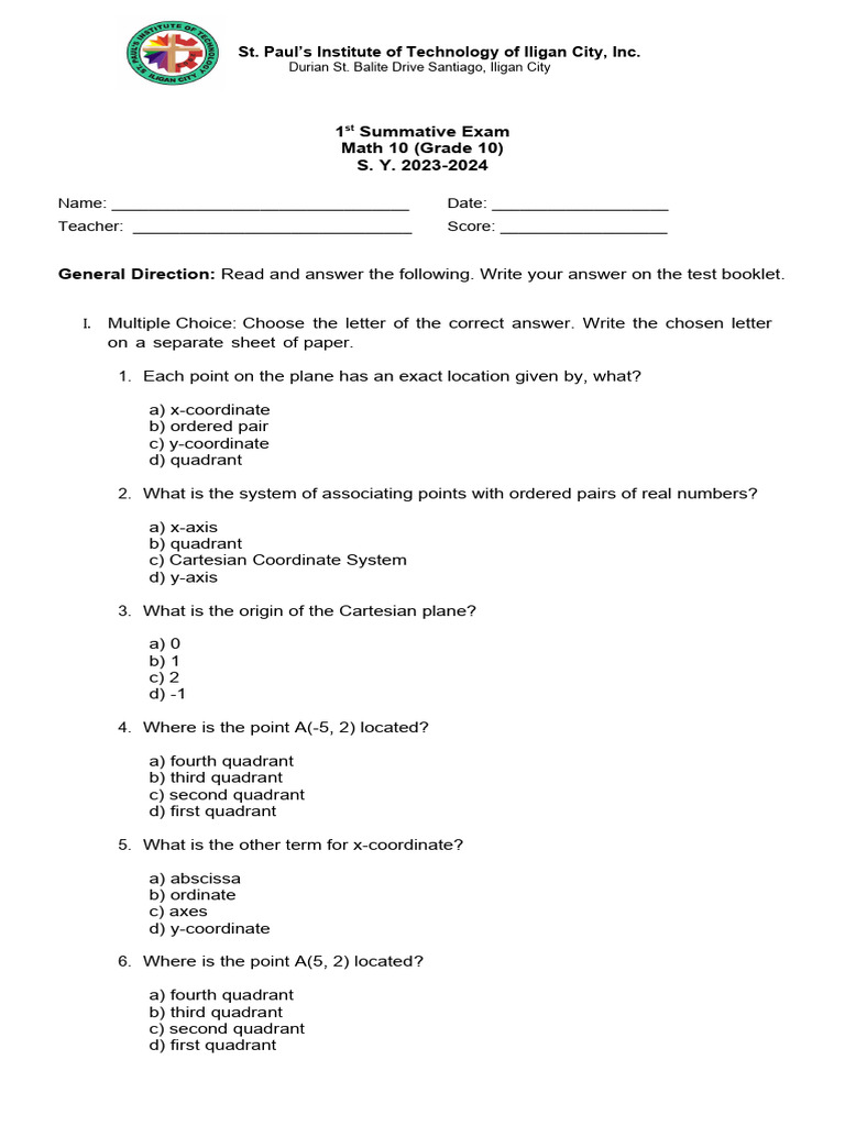 Math 10 Diagnostic Test | PDF | Cartesian Coordinate System | Algebraic ...