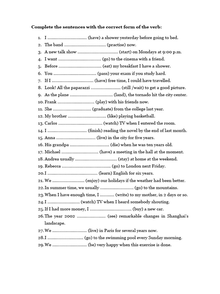 Verb Form Completion Exercises | PDF | Language Arts & Discipline
