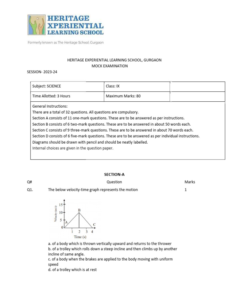 Science Mock Exam Class IX 2023-24 | PDF | Force | Epithelium