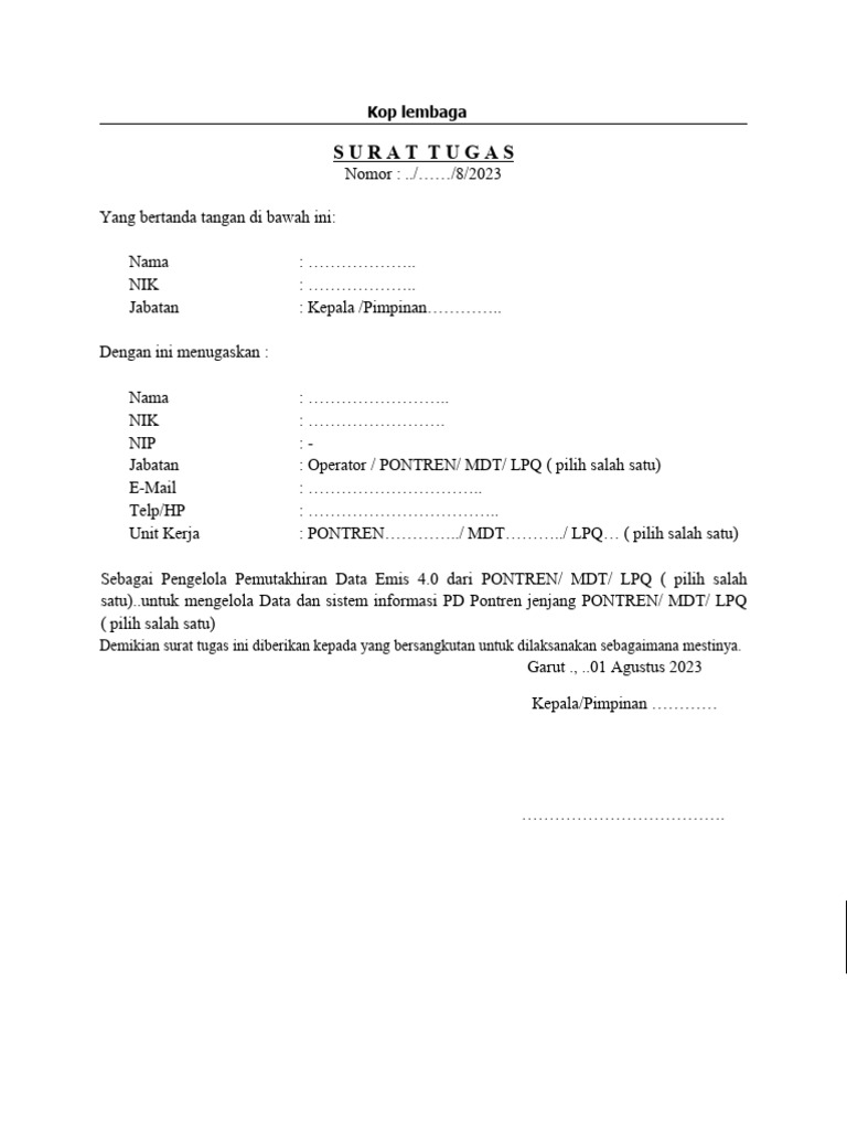 Contoh Surat Tugas Emis.4.0 | PDF