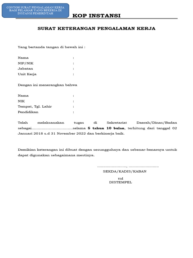 Contoh Surat Pengalaman Kerja Instansi | PDF | Karier & Perkembangan ...