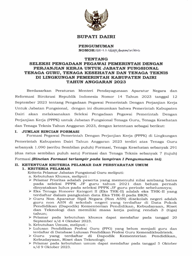 Pengumuman Seleksi PPPK JF 2023 Kabupaten Dairi | PDF