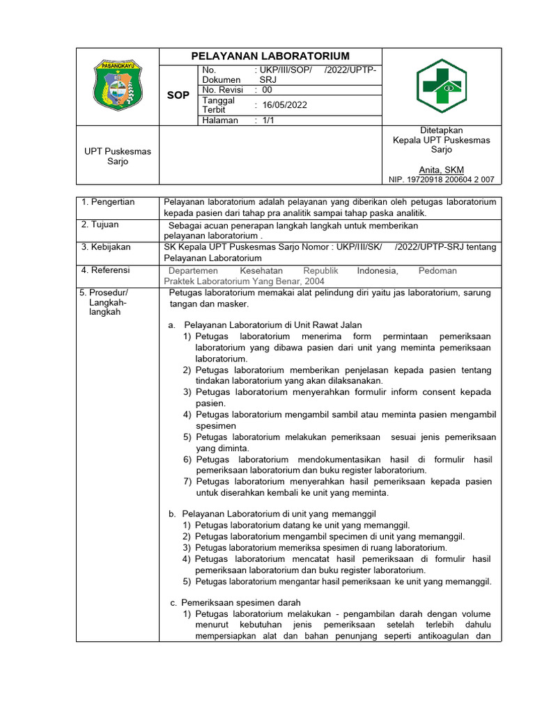 SOP Pelayanan Laboratorium | PDF