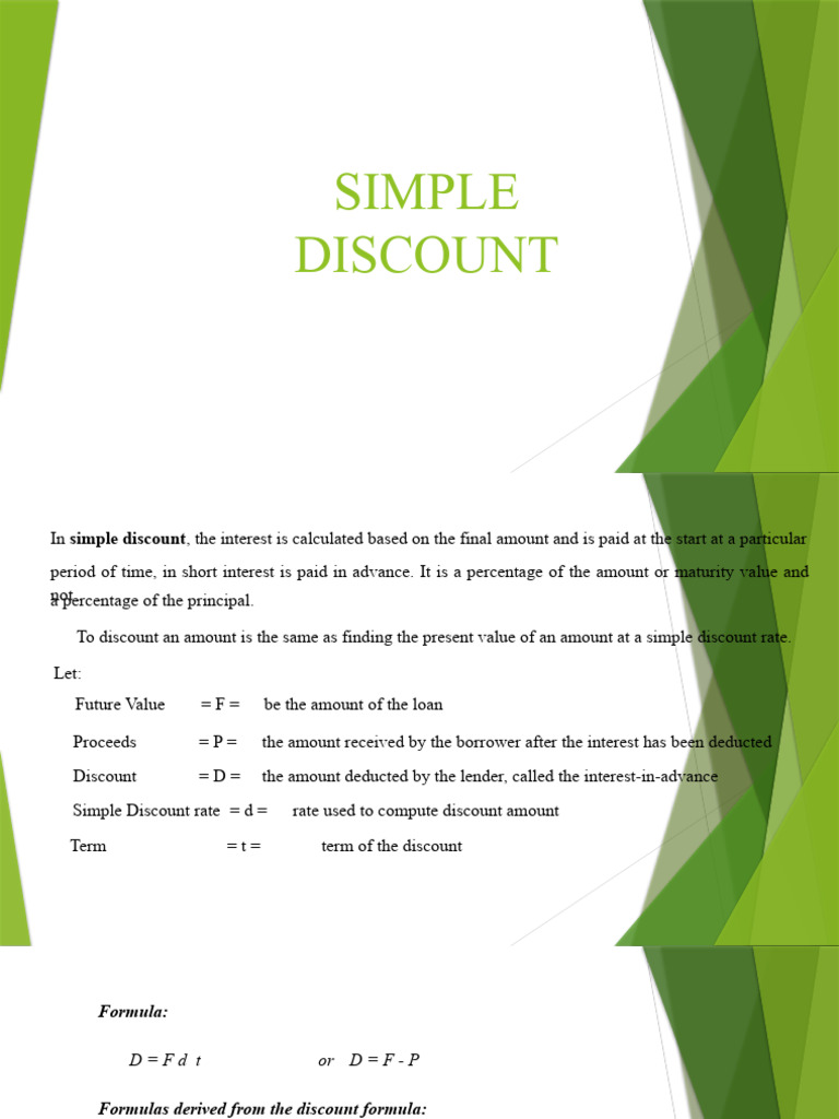 Understanding Simple Discount Calculations | PDF | Loans | Interest