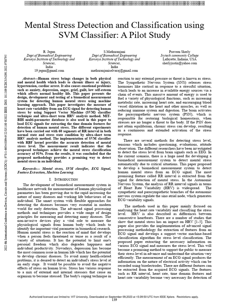 Mental Stress Detection And Classification Using Svm Classifier A Pilot