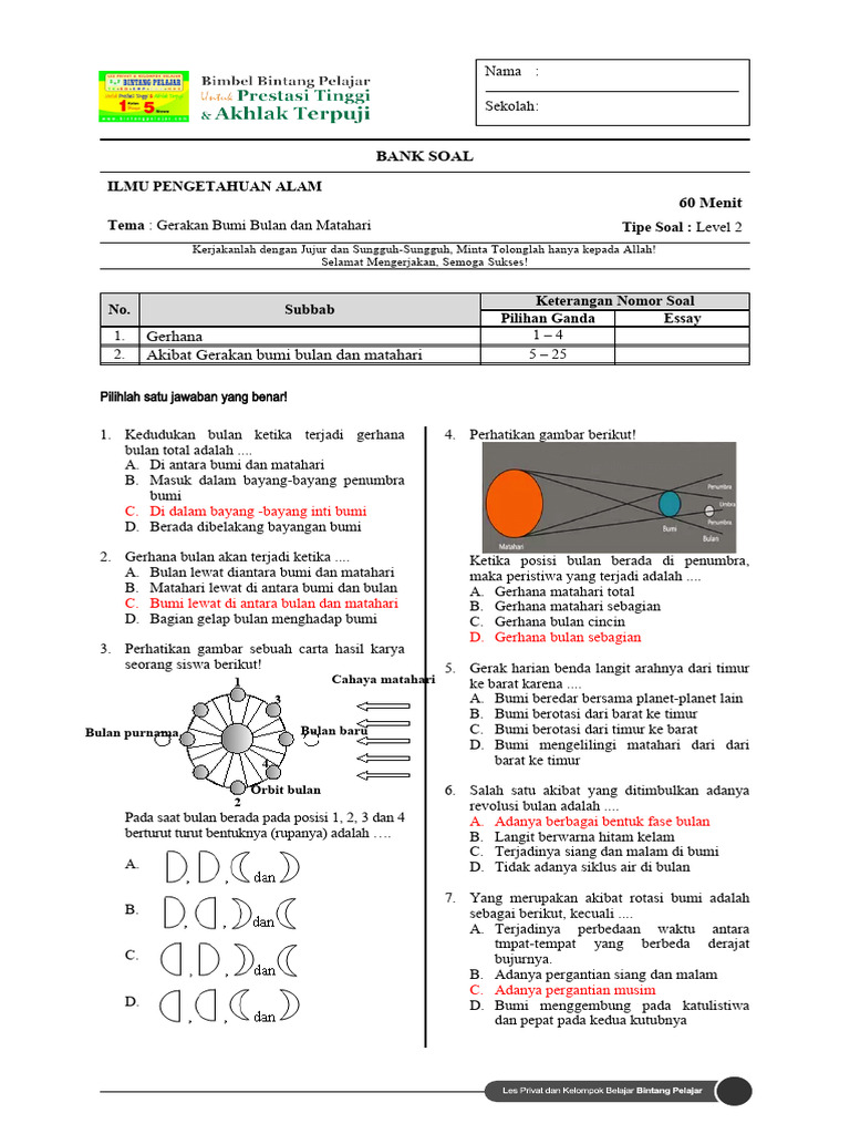 Bank Soal IPA 6D Tema Gerakan Bumi Bulan Dan Matahari (Level 2) | PDF