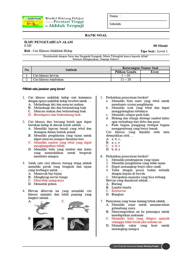 Bank Soal IPA 6D Tema Ciri Khusus Makhluk Hidup (Level 1) | PDF