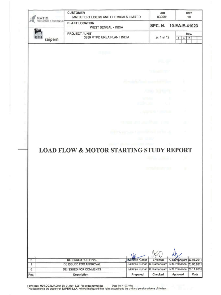 10-EA-E-41023 Load Flow & Motor Starting Study Report | PDF | Electrical Substation | Transformer