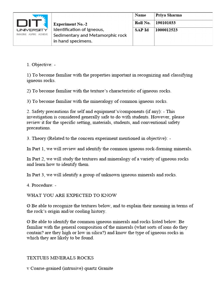 Experiment No-2 | PDF | Igneous Rock | Rock (Geology)