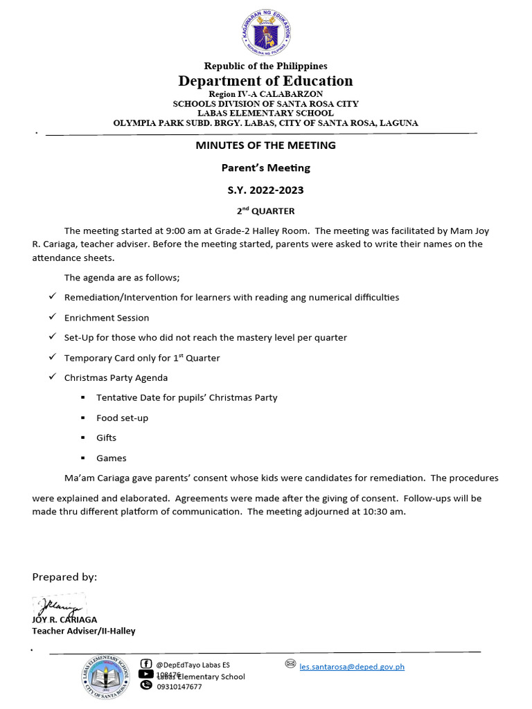 Minutes of Meeting On Parents' Meeting | PDF | Learning