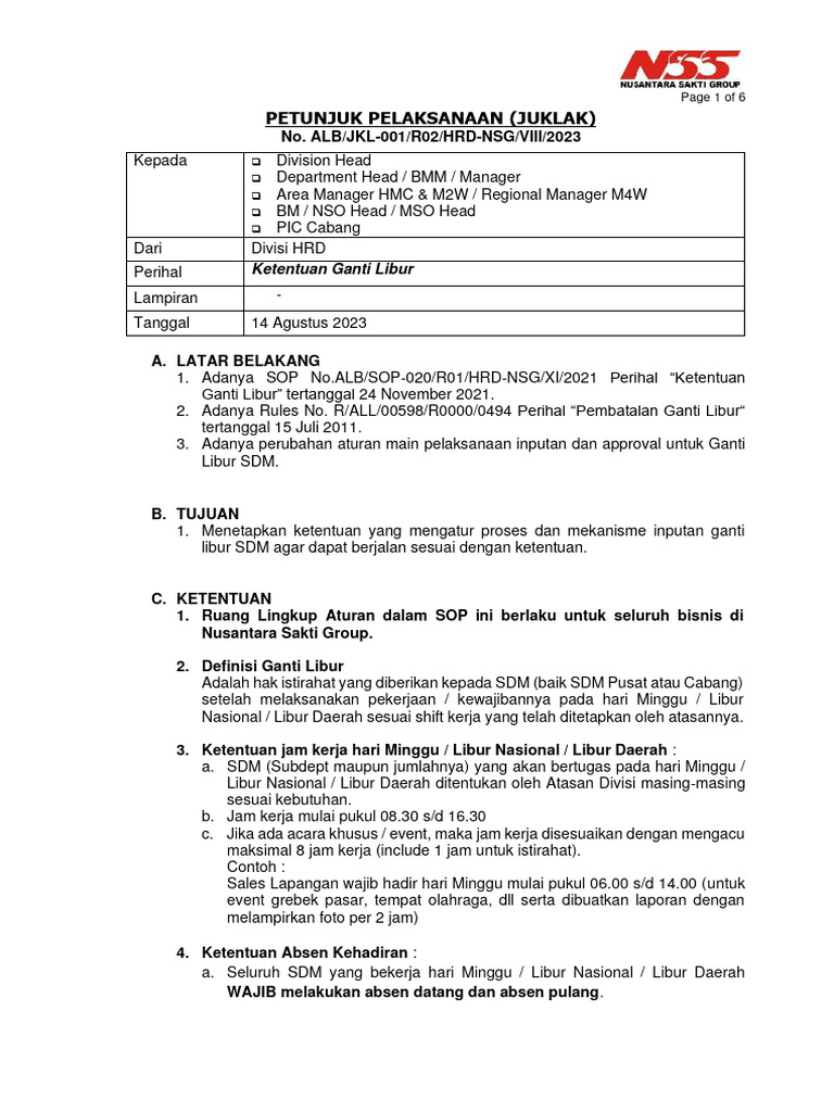 JKL Ketentuan Ganti Libur No - ALB JKL-001 R02 HRD-NSG 140823 | PDF