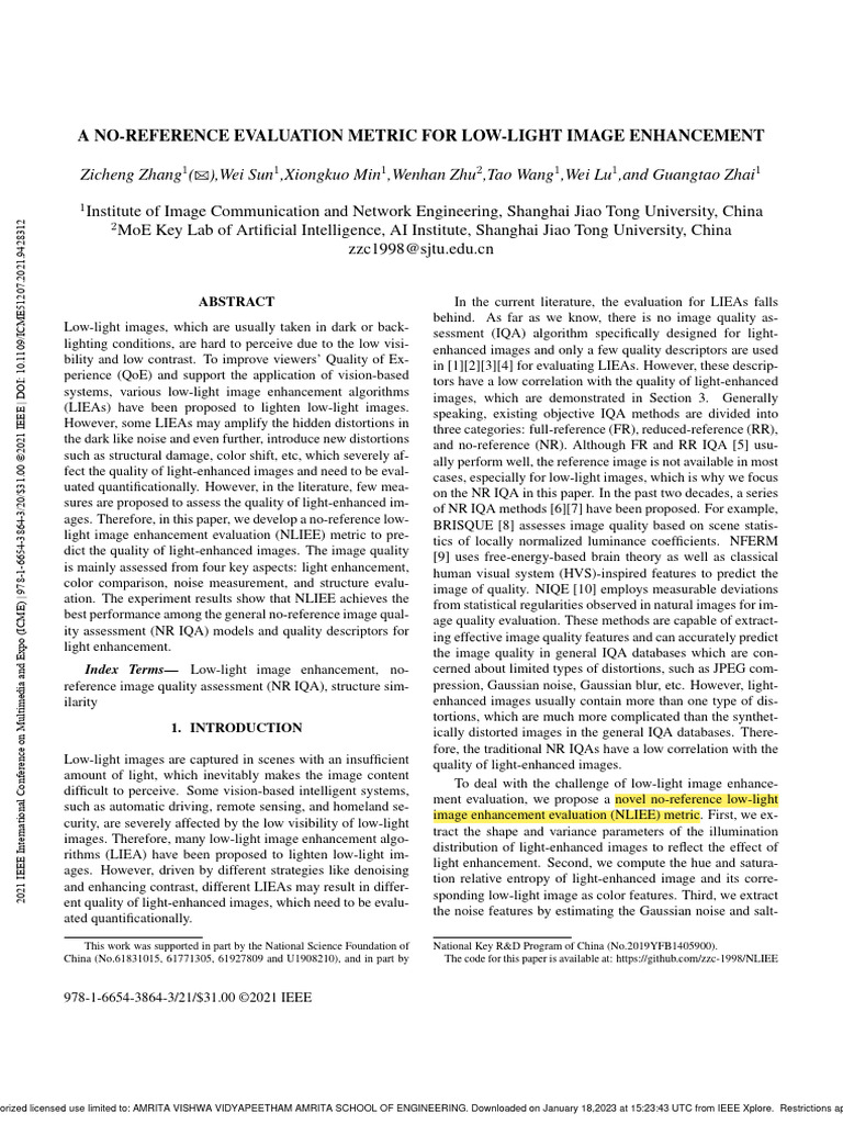 A No-Reference Evaluation Metric For Low-Light Image Enhancement | PDF | Color