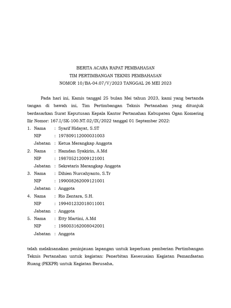 Ba Rapat Pembahasan Tim Pertek Pertek 10 | PDF