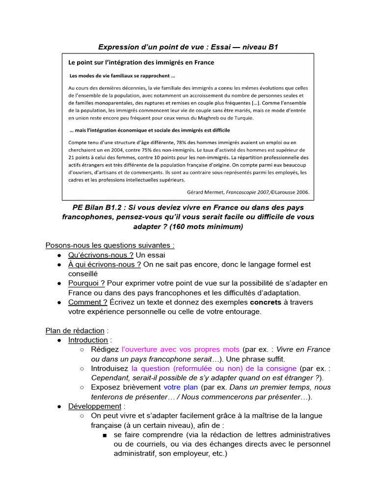 Exemple de Production Écrite - Essai (Niveau B1 Et B2) | PDF | Langue ...