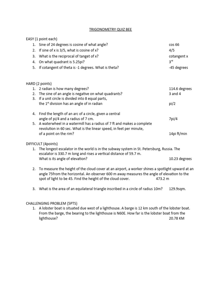 Trigonometry Quiz Bee | PDF | Teaching Methods & Materials | Science ...