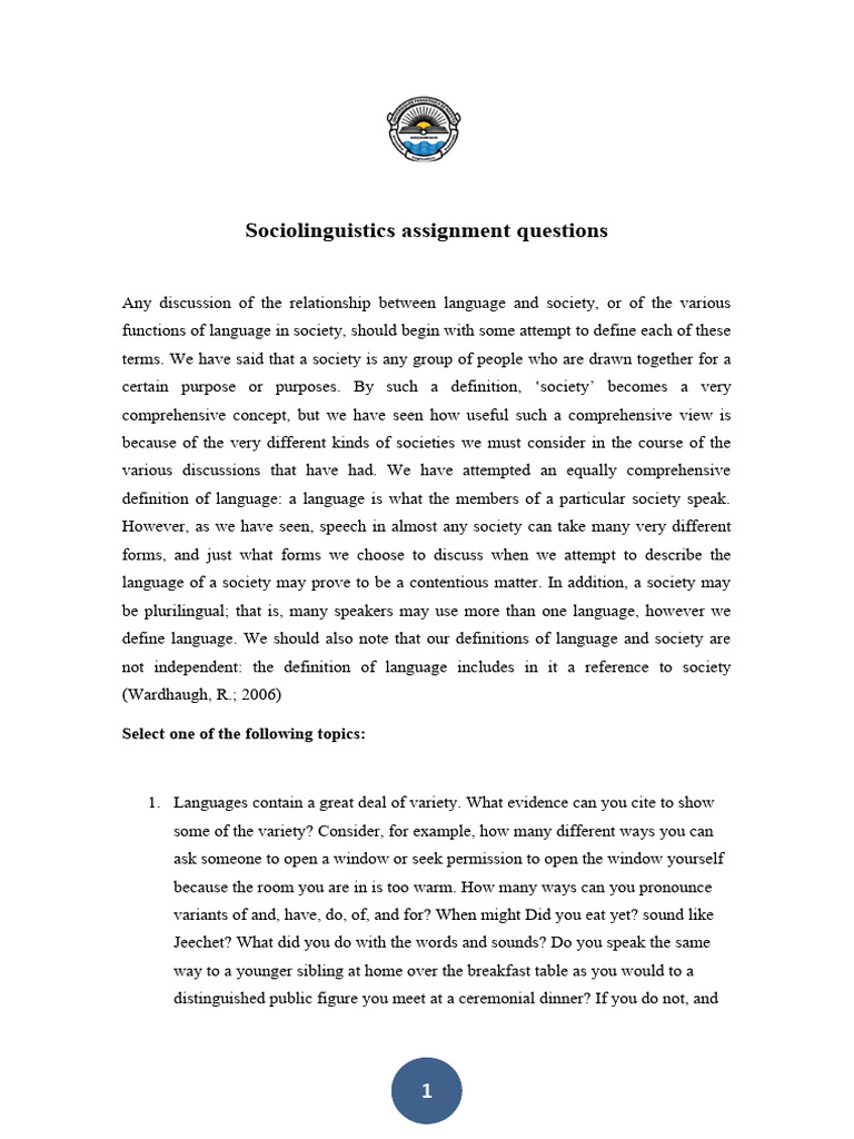 Sociolinguistics Assignment Questions | PDF | Dialect | Question