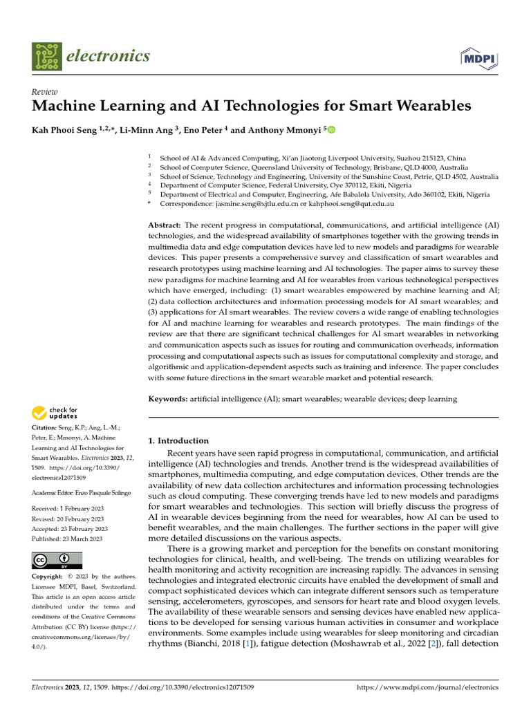 (2023) Machine Learning and AI Technologies For Smart Wearables | PDF | Deep Learning | Wearable ...