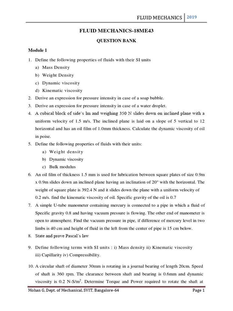 FM Question Bank | PDF | Fluid Dynamics | Viscosity
