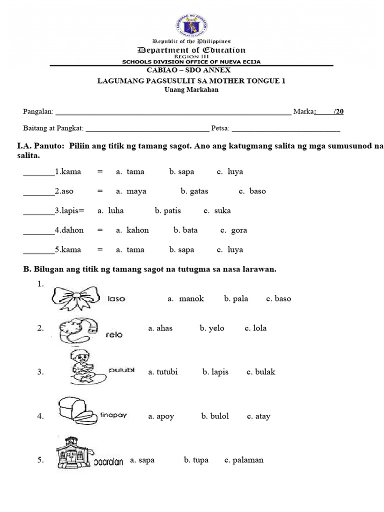 Lagumang Pagsusulit Sa MTB Mle Grade 1 | PDF