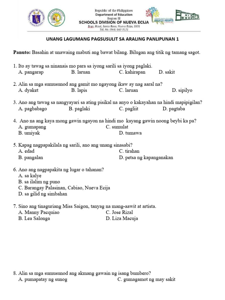 Unang Lagumang Pagsusulit Sa Araling Panlipunan 1 | PDF