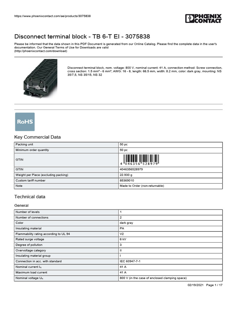 Disconnect Terminal Block - TB 6-T EI - 3075838: Key Commercial Data ...