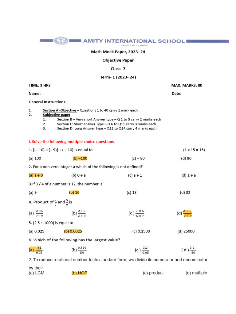 Math Mock Paper, 2023-24 Objective Paper Class - 7 Term - 1 (2023 - 24) | PDF | Integer ...