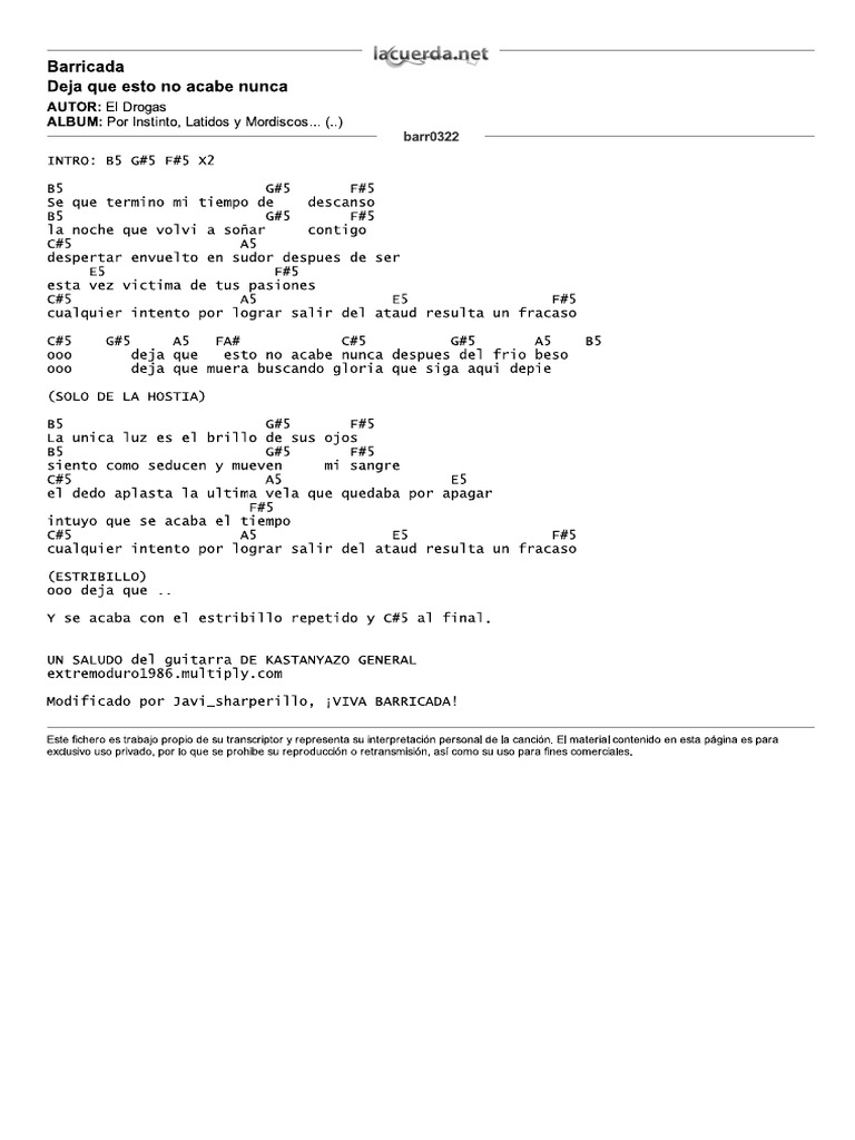 Barricada - Deja Que Esto No Acabe Nunca - Letra y Acordes | PDF