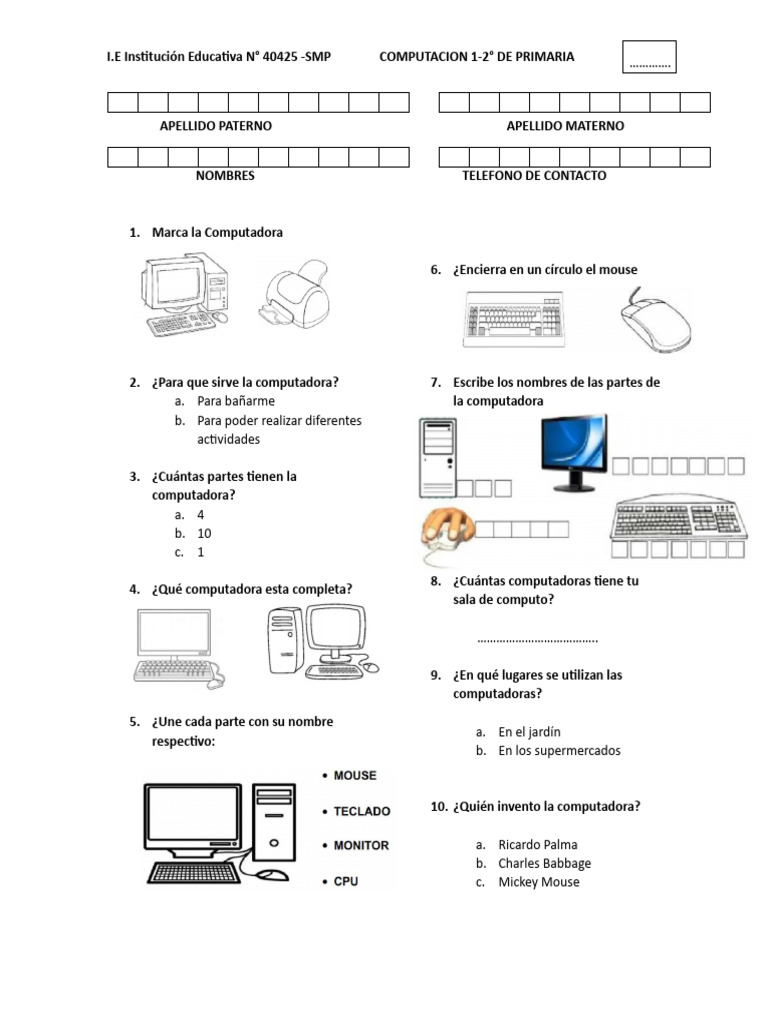 Examen-De-Informatica-Basica 1 A 2 Primaria | PDF