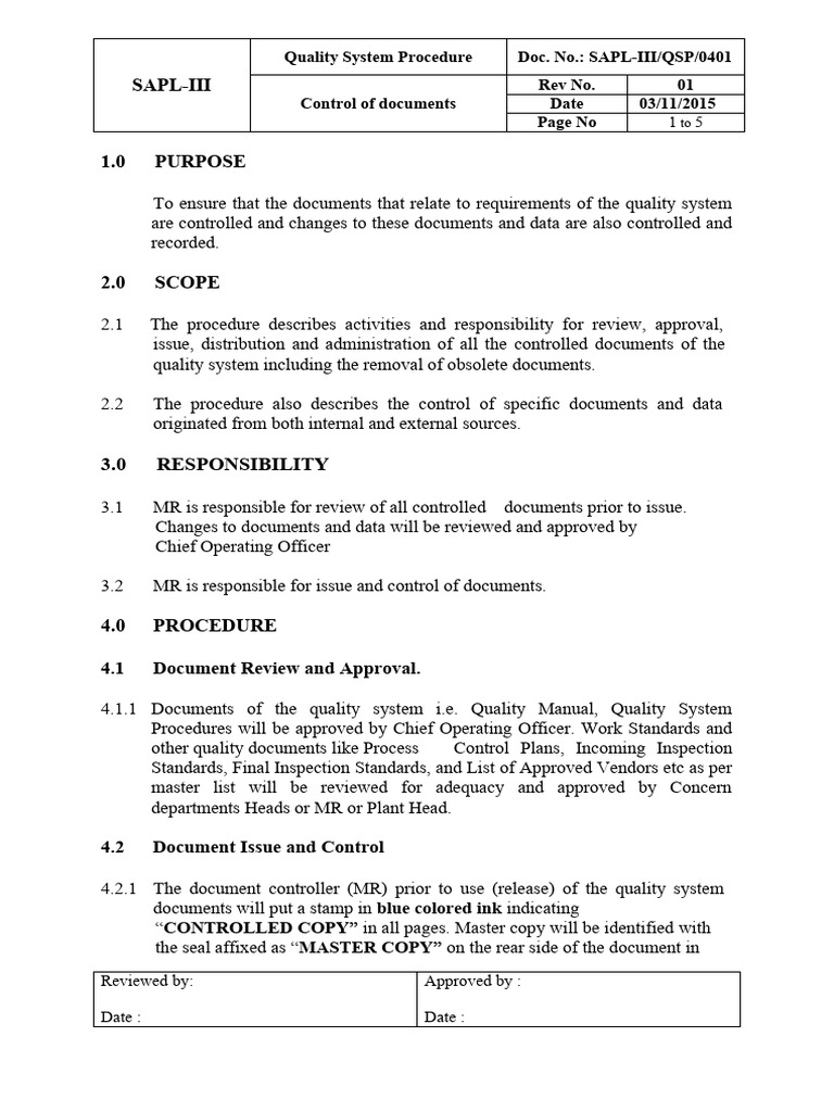 0401control of Documents | PDF | Quality Management System | Specification (Technical Standard)