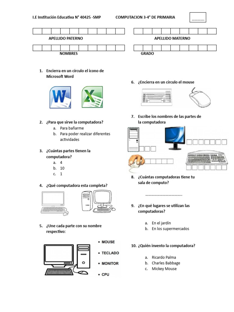 Examen-De-Informatica-Basica 3 A 4 Primaria | PDF | Microsoft Word ...