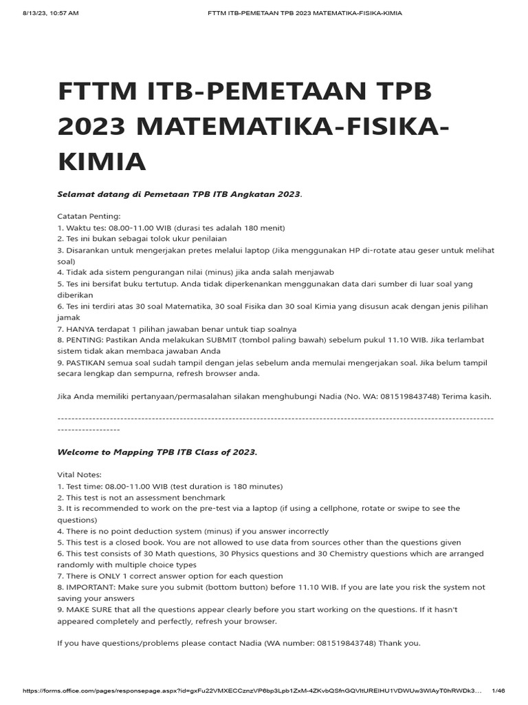 FTTM Itb-Pemetaan TPB 2023 Matematika-Fisika-Kimia | PDF FTTM Itb-Pemetaan TPB 2023 Matematika-Fisika-Kimia | PDF