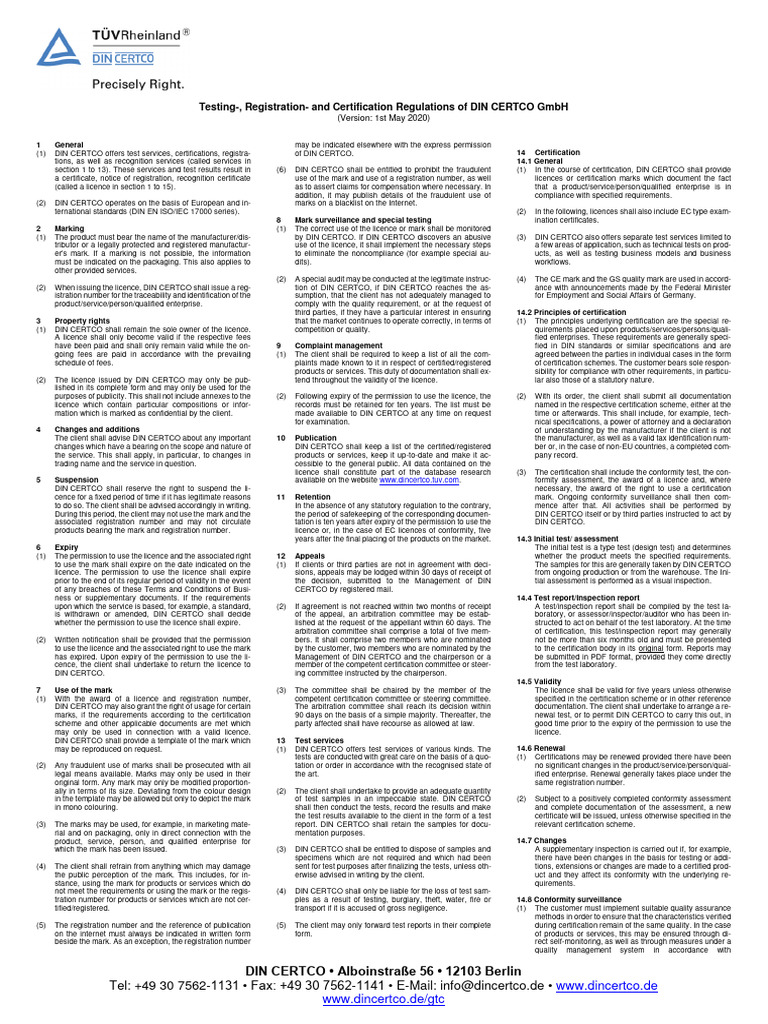 Testing Registration and Certification Regulations Din Certco en | PDF ...